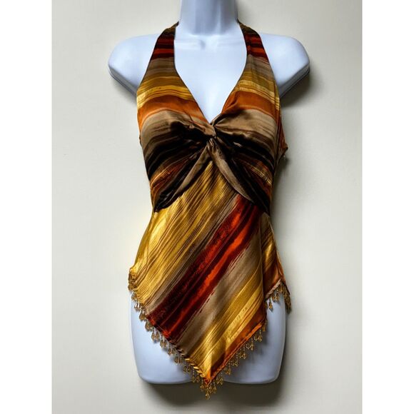 Cache | Tops | Cache 0 Silk Boho Earth Tone Halter Top Beaded Fringe Sz ...